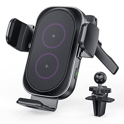 【Dual Coils & 2 Vent Mounts】 Wireless Car Charger, Casunit 15W Dual Coil Fast Charging Auto-Clamping Car Mount for iPhone 14 13 12 Pro Max Mini/Samsung Galaxy Z Flip 4 (Black)