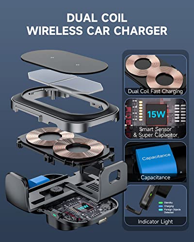 【Dual Coils & 2 Vent Mounts】 Wireless Car Charger, Casunit 15W Dual Coil Fast Charging Auto-Clamping Car Mount for iPhone 14 13 12 Pro Max Mini/Samsung Galaxy Z Flip 4 (Black)