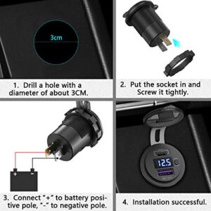 USB C Car Charger Socket, Qidoe 12V/24V Dual USB Outlet PD3.0 & QC3.0 Car USB Port with LED Voltmeter and ON/Off Switch DIY Car Socket for Car Boat Marine Bus Truck Golf RV Motorcycle