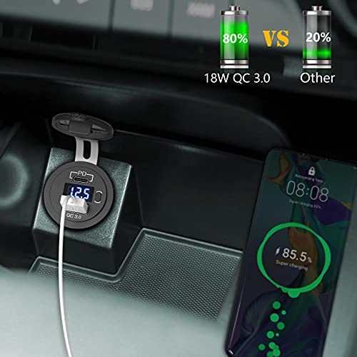 USB C Car Charger Socket, Qidoe 12V/24V Dual USB Outlet PD3.0 & QC3.0 Car USB Port with LED Voltmeter and ON/Off Switch DIY Car Socket for Car Boat Marine Bus Truck Golf RV Motorcycle