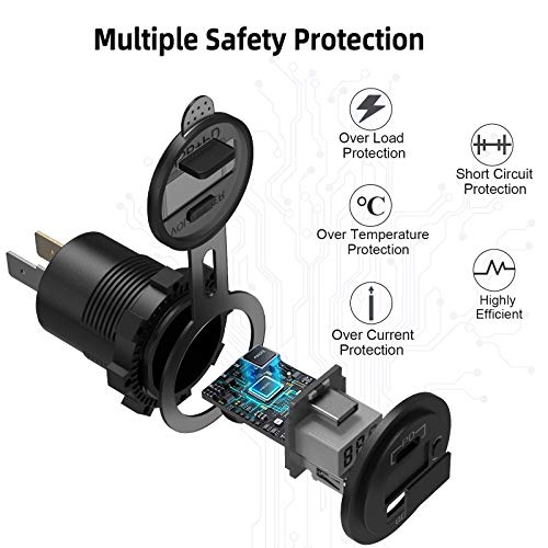 USB C Car Charger Socket, Qidoe 12V/24V Dual USB Outlet PD3.0 & QC3.0 Car USB Port with LED Voltmeter and ON/Off Switch DIY Car Socket for Car Boat Marine Bus Truck Golf RV Motorcycle