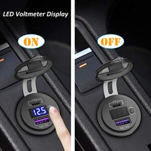 USB C Car Charger Socket, Qidoe 12V/24V Dual USB Outlet PD3.0 & QC3.0 Car USB Port with LED Voltmeter and ON/Off Switch DIY Car Socket for Car Boat Marine Bus Truck Golf RV Motorcycle