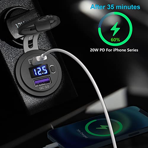 USB C Car Charger Socket, Qidoe 12V/24V Dual USB Outlet PD3.0 & QC3.0 Car USB Port with LED Voltmeter and ON/Off Switch DIY Car Socket for Car Boat Marine Bus Truck Golf RV Motorcycle