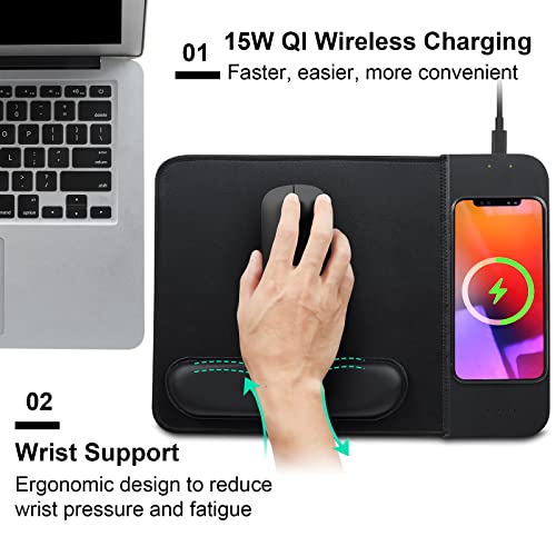 15W Wireless Charging Mouse Pad with Wrist Support, Fast Qi Wireless Charger Mouse Mat for iPhone 14/13/12/12 Pro/11/11Pro/XR/Xs/X/8, Samsung Galaxy S10/S9/S8 Plus Note 9/8 Multiple Devices