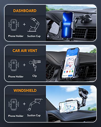 LK Phone Holder for Car,Dashboard Windshield Air Vent Universal 3 in1 Car Phone Holder Mount Compatible for iPhone 14 13 12 11 Pro Max XS X XR 8, Samsung Galaxy S23 S22 S21 S20 All Mobile Smartphone