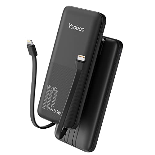 Yoobao Portable Charger with Built-in Cables, PD 20W Fast Charging USB C Power Bank with 4 Outputs, 10000mAh Ultra Slim External Battery Pack for iPhone/iPad/Samsung/Tablet & More - 1 Pack (Black)