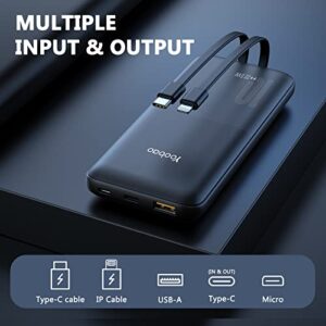 Yoobao Portable Charger with Built-in Cables, PD 20W Fast Charging USB C Power Bank with 4 Outputs, 10000mAh Ultra Slim External Battery Pack for iPhone/iPad/Samsung/Tablet & More - 1 Pack (Black)