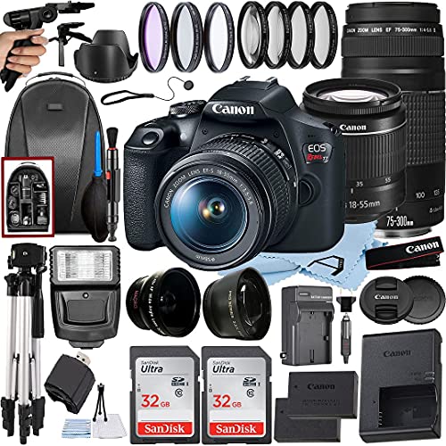 Canon EOS Rebel T7 DSLR Camera 24.1MP with EF-S 18-55mm + EF 75-300mm Lens + A-Cell Accessory Bundle Includes: 2 Pack SanDisk 32GB Memory Card + Backpack + Slave Flash + Much More (Renewed)