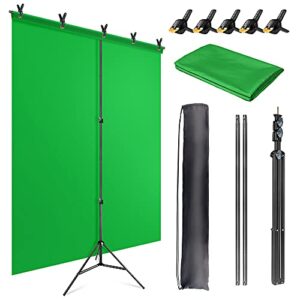 jebutu 5x6.5ft green screen backdrop with stand kit, green screen with t-shape background support stand, portable green screen stand kit with carrying bag & 5 spring clamps for zoom, video, streaming