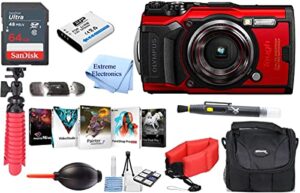 olympus tough tg-6 waterproof camera (red) – adventure bundle – with extra batterie + float strap + sandisk 64gb ultra memory card + padded case + flex tripod + photo software suite + more