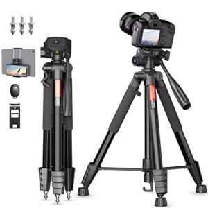 kingjoy 74″ tripod for camera canon nikon with travel bag, phone tripod with wireless remote and phone tablet holder, compatible with dslr cameras, cell phones, tablets, projector, binoculars