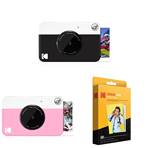 Kodak Printomatic Digital Instant Print Camera (Black) & Printomatic Digital Instant Print Camera (Pink) Print Memories Instantly & 2"x3" Premium Zink Photo Paper (50 Sheets) (Pack of 1)