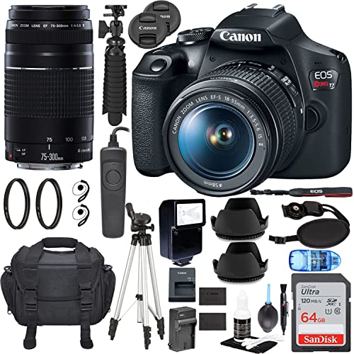 Rebel T7 DSLR Camera 2 Lens Kit with EF18-55mm + EF 75-300mm with Accessory Bundle (50in Tripod, Wired Remote, Flash, and More)