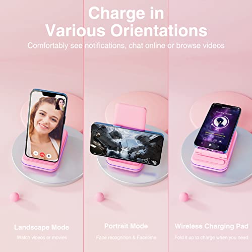 Pink Wireless Charger, Charging Station for iPhone 14 13 12 11 Pro/Pro Max/XR/XS/X, AirPods Pro 2/3/Pro/ 2, iWatch 8~2 SE with QC3.0 Adapter