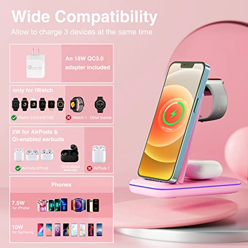 Pink Wireless Charger, Charging Station for iPhone 14 13 12 11 Pro/Pro Max/XR/XS/X, AirPods Pro 2/3/Pro/ 2, iWatch 8~2 SE with QC3.0 Adapter