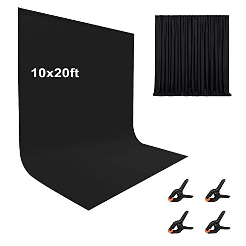 10X20ft Black Photo Backdrops for Photography, LCUIRC TWO ROD POCKET Black Backdrops Curtain for Parties, Polyester Black background with 6 Clamps for Product Protrait Photoshoot or Parties Decoration