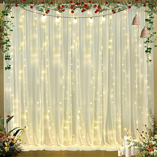 10x10ft Iovry Tulle Backdrop Curtain with String Light for Baby Shower Birthday Party Wedding Arch Living Room Wrinkle Free Sheer Window Curtains Wall Decoration Background