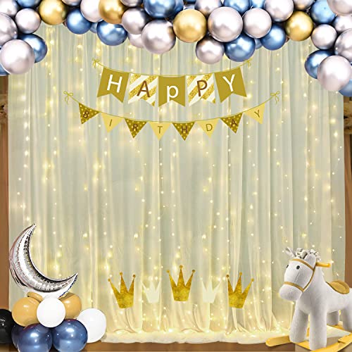 10x10ft Iovry Tulle Backdrop Curtain with String Light for Baby Shower Birthday Party Wedding Arch Living Room Wrinkle Free Sheer Window Curtains Wall Decoration Background