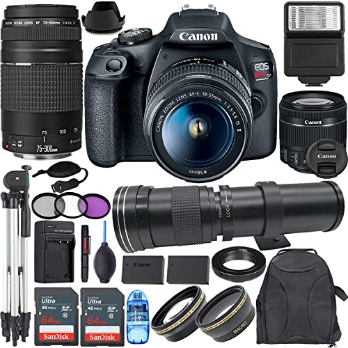 Camera Bundle for Canon EOS Rebel T7 DSLR Camera with 18-55mm f/3.5-5.6 is II + 75-300mm f/4-5.6 III + 420-800mm Manual Focus Lens and Accessories Kit (128GB, Travel Charger, Tripod, and More)