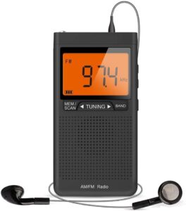 am fm portable radio with best reception, pocket transistor radio with big digital screen, stereo earphone jack, sleep timer and alarm clock operated by 2 aaa batteries for jogging, walking(black)