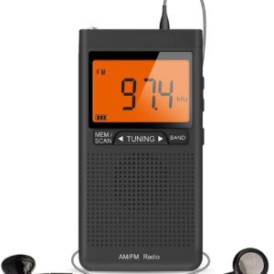 AM FM Portable Radio with Best Reception, Pocket Transistor Radio with Big Digital Screen, Stereo Earphone Jack, Sleep Timer and Alarm Clock Operated by 2 AAA Batteries for Jogging, Walking(Black)