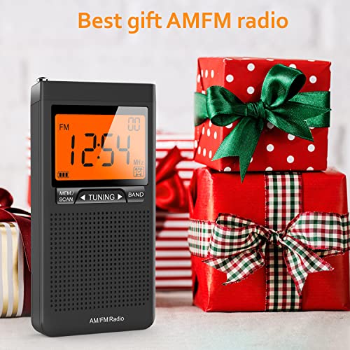 AM FM Portable Radio with Best Reception, Pocket Transistor Radio with Big Digital Screen, Stereo Earphone Jack, Sleep Timer and Alarm Clock Operated by 2 AAA Batteries for Jogging, Walking(Black)