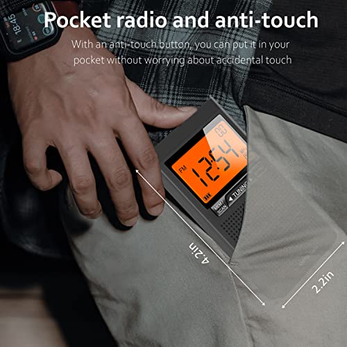 AM FM Portable Radio with Best Reception, Pocket Transistor Radio with Big Digital Screen, Stereo Earphone Jack, Sleep Timer and Alarm Clock Operated by 2 AAA Batteries for Jogging, Walking(Black)