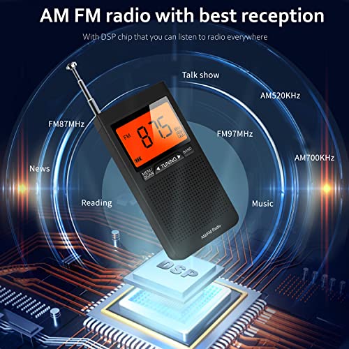 AM FM Portable Radio with Best Reception, Pocket Transistor Radio with Big Digital Screen, Stereo Earphone Jack, Sleep Timer and Alarm Clock Operated by 2 AAA Batteries for Jogging, Walking(Black)