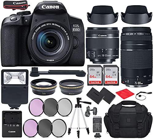 Camera Bundle for Canon EOS 850D(T8i) DSLR Camera with EF-S 18-55mm f/4-5.6 is STM, EF 75-300mm f/4-5.6 III Lenses Bundle + Accessories(Extra Battery, Digital Slave Flash, 128Gb Memory and More)