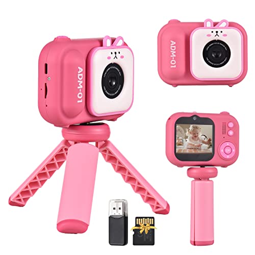 Andoer 1080P Kids Digital Camera Mini Video Camera for Kids 48MP 2.4 Inch IPS Screen Dual Lens Built-in Battery with 32GB Memory Card & Card Reader & Desktop Tripod Birthday Pink