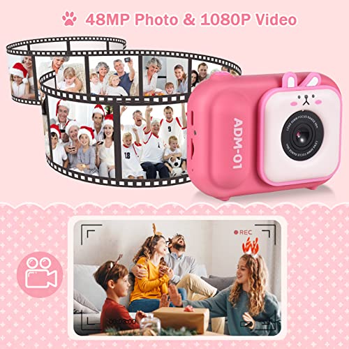 Andoer 1080P Kids Digital Camera Mini Video Camera for Kids 48MP 2.4 Inch IPS Screen Dual Lens Built-in Battery with 32GB Memory Card & Card Reader & Desktop Tripod Birthday Pink