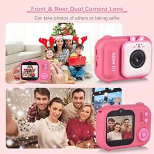 Andoer 1080P Kids Digital Camera Mini Video Camera for Kids 48MP 2.4 Inch IPS Screen Dual Lens Built-in Battery with 32GB Memory Card & Card Reader & Desktop Tripod Birthday Pink