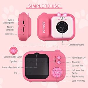 Andoer 1080P Kids Digital Camera Mini Video Camera for Kids 48MP 2.4 Inch IPS Screen Dual Lens Built-in Battery with 32GB Memory Card & Card Reader & Desktop Tripod Birthday Pink