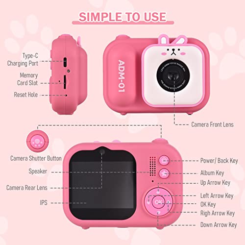 Andoer 1080P Kids Digital Camera Mini Video Camera for Kids 48MP 2.4 Inch IPS Screen Dual Lens Built-in Battery with 32GB Memory Card & Card Reader & Desktop Tripod Birthday Pink