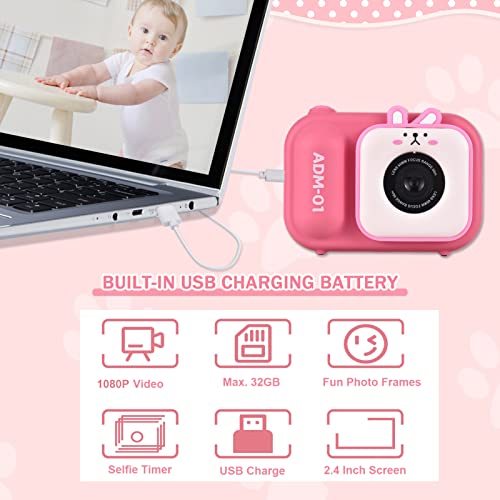 Andoer 1080P Kids Digital Camera Mini Video Camera for Kids 48MP 2.4 Inch IPS Screen Dual Lens Built-in Battery with 32GB Memory Card & Card Reader & Desktop Tripod Birthday Pink