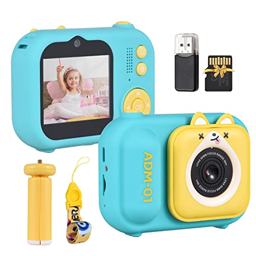 Andoer 1080P Kids Digital Camera Mini Video Camera for Kids 48MP 2.4 Inch IPS Screen Dual Lens Built-in Battery with 32GB Memory Card & Card Reader & Desktop Tripod Birthday Blue