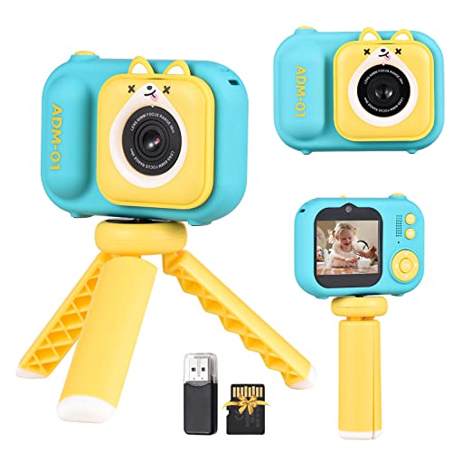 Andoer 1080P Kids Digital Camera Mini Video Camera for Kids 48MP 2.4 Inch IPS Screen Dual Lens Built-in Battery with 32GB Memory Card & Card Reader & Desktop Tripod Birthday Blue