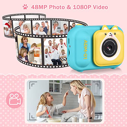 Andoer 1080P Kids Digital Camera Mini Video Camera for Kids 48MP 2.4 Inch IPS Screen Dual Lens Built-in Battery with 32GB Memory Card & Card Reader & Desktop Tripod Birthday Blue