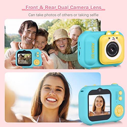 Andoer 1080P Kids Digital Camera Mini Video Camera for Kids 48MP 2.4 Inch IPS Screen Dual Lens Built-in Battery with 32GB Memory Card & Card Reader & Desktop Tripod Birthday Blue