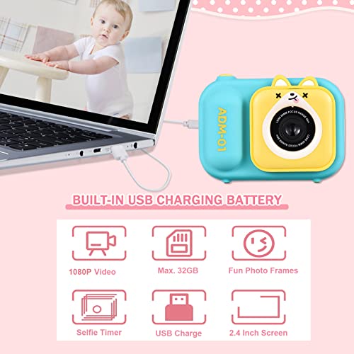 Andoer 1080P Kids Digital Camera Mini Video Camera for Kids 48MP 2.4 Inch IPS Screen Dual Lens Built-in Battery with 32GB Memory Card & Card Reader & Desktop Tripod Birthday Blue