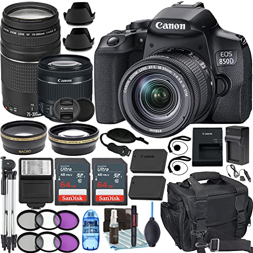 Camera Bundle for Canon EOS 850D / Rebel T8i DSLR with EF-S 18-55mm f/4-5.6 is STM and EF 75-300mm f/4-5.6 III Lens + Accessories Bundle (128GB, 50in Tripod, Extra Battery, and More)