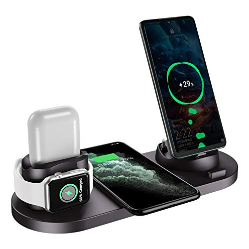 Wireless Charging Station, TZONOO 6 in 1 Fast Charging Stand for Multiple Devices, Apple Watch Series 6/SE/5/4/3/2, AirPods Pro, iPhone 14/14pro/13/13 Pro/12/12 Pro/11 Series/XS Max(Black)