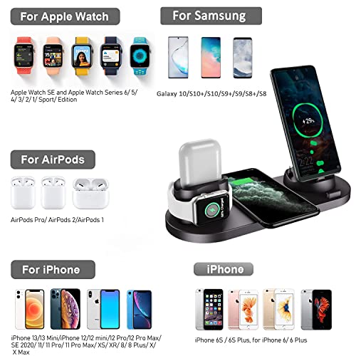 Wireless Charging Station, TZONOO 6 in 1 Fast Charging Stand for Multiple Devices, Apple Watch Series 6/SE/5/4/3/2, AirPods Pro, iPhone 14/14pro/13/13 Pro/12/12 Pro/11 Series/XS Max(Black)