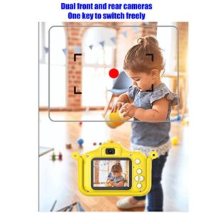 PUSOKEI Kids Digital Camera, 28 Fun Photo Frames, Cartoon Cameras for Kids, Lightweight 2in Screen Children Camera with Dual Front and Rear Cameras(Yellow with 32G Memory Card and Card Reader)