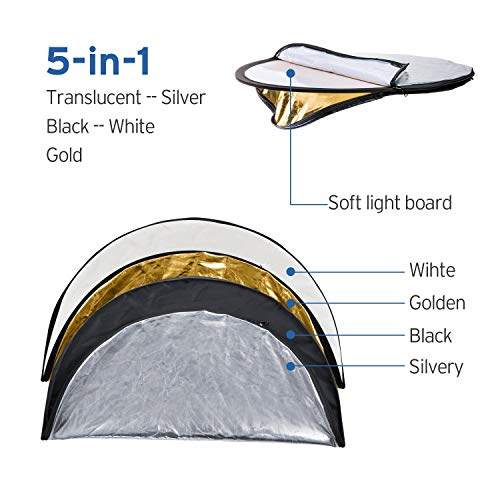 Etekcity Reflector Photography 43" (110cm) 5-in-1 Light Reflectors for Photography Multi-Disc Photo Reflector Collapsible with Bag - Translucent, Silver, Gold, White and Black