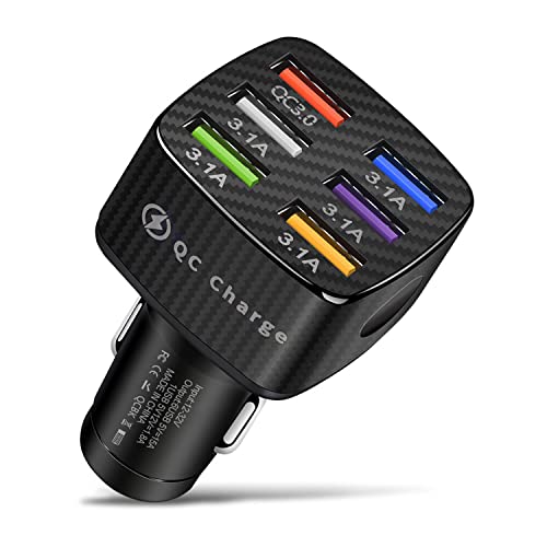 Car Charger Adapter, 6 Ports USB QC3.0 Fast Phone Charger, Car Interior Accessories Fit for All Vehicles, Multi-Port Car Phone Charger with LED Light Display for Smart Phone and More (Black)