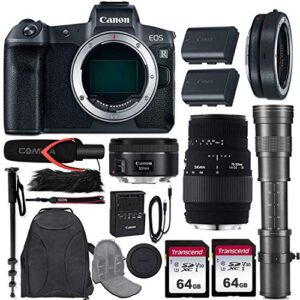 canon eos r mirrorless camera w/extra canon lp-e6n battery pack + 3 lens kit (ef 50mm f/1.8 stm + 70-300mm f/4-5.6 dg macro + 420-800mm zoom) + mount adapter + pro accessory bundle