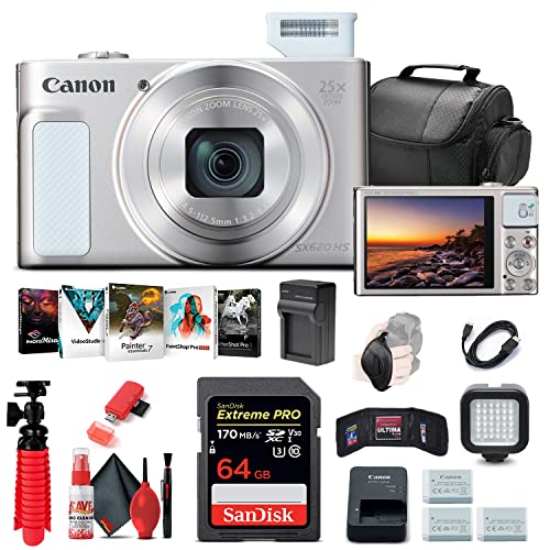 Canon PowerShot SX620 HS Digital Camera (White) (1074C001), 64GB Memory Card, 2 x NB13L Battery, Corel Photo Software, Charger, Card Reader, LED Light, Soft Bag + More (Renewed)