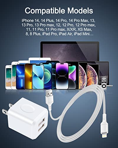 Apple Charger Kits for iPhone 14 Pro Max 14Pro 14 Plus 13Pro 13 12 11 SE 10 XR X XS 8 7 6 6s Plus, Dual USB Charger Block with USB to Lightning Cable, 2.1amp travel wall plug adapter+USB lighting cord