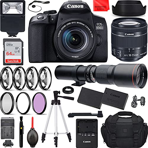 Canon Intl., DSLR Camera with EF-S 18-55mm f/4-5.6 is STM, 500mm f/8.0 Preset Manual Focus Lens, Travel Bundle with Accessories (Extra Battery, Digital Flash, 64Gb Memory), Canon850D, Black